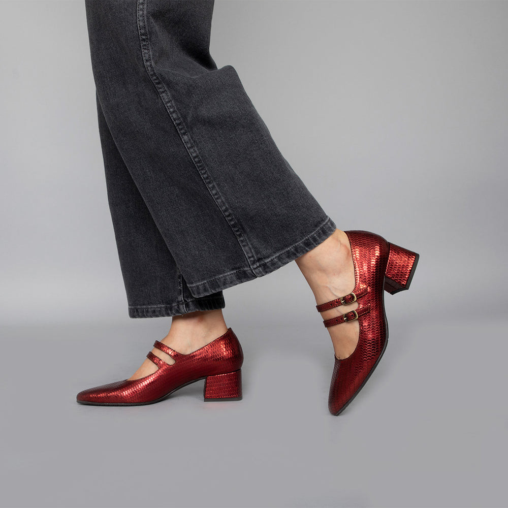 Laura Red Metallic Low Heel Shoe